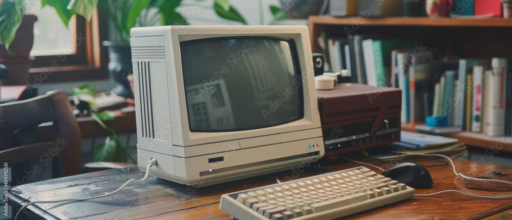 An old desktop computer is sitting on a college student's desk in a ...