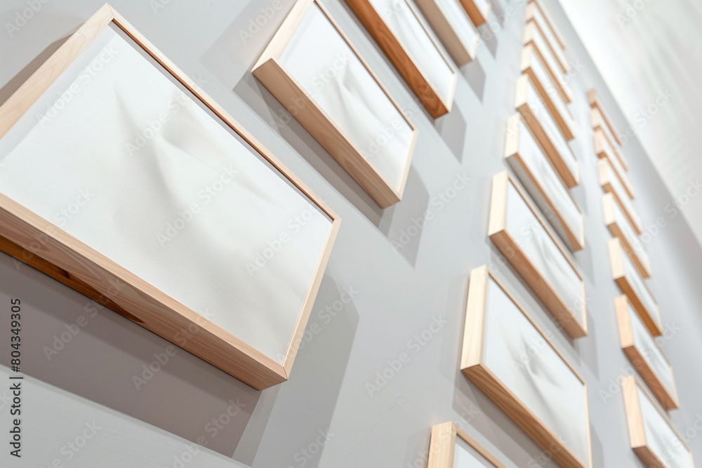 the diagonal view of a gallery wall, where a series of wooden frames ...