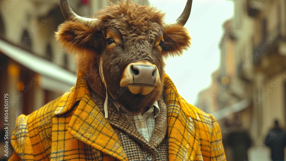 Chic buffalo roams city streets with regal flair, donned in tailored ...