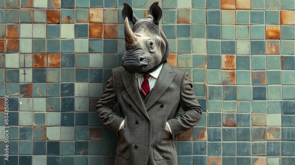 Suave rhinoceros saunters through city streets in tailored splendor ...