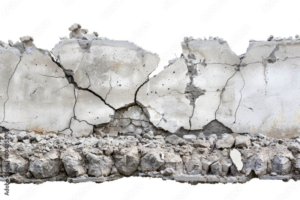 collapsed, cracked, damaged or broken concrete cement wall, isolated on ...