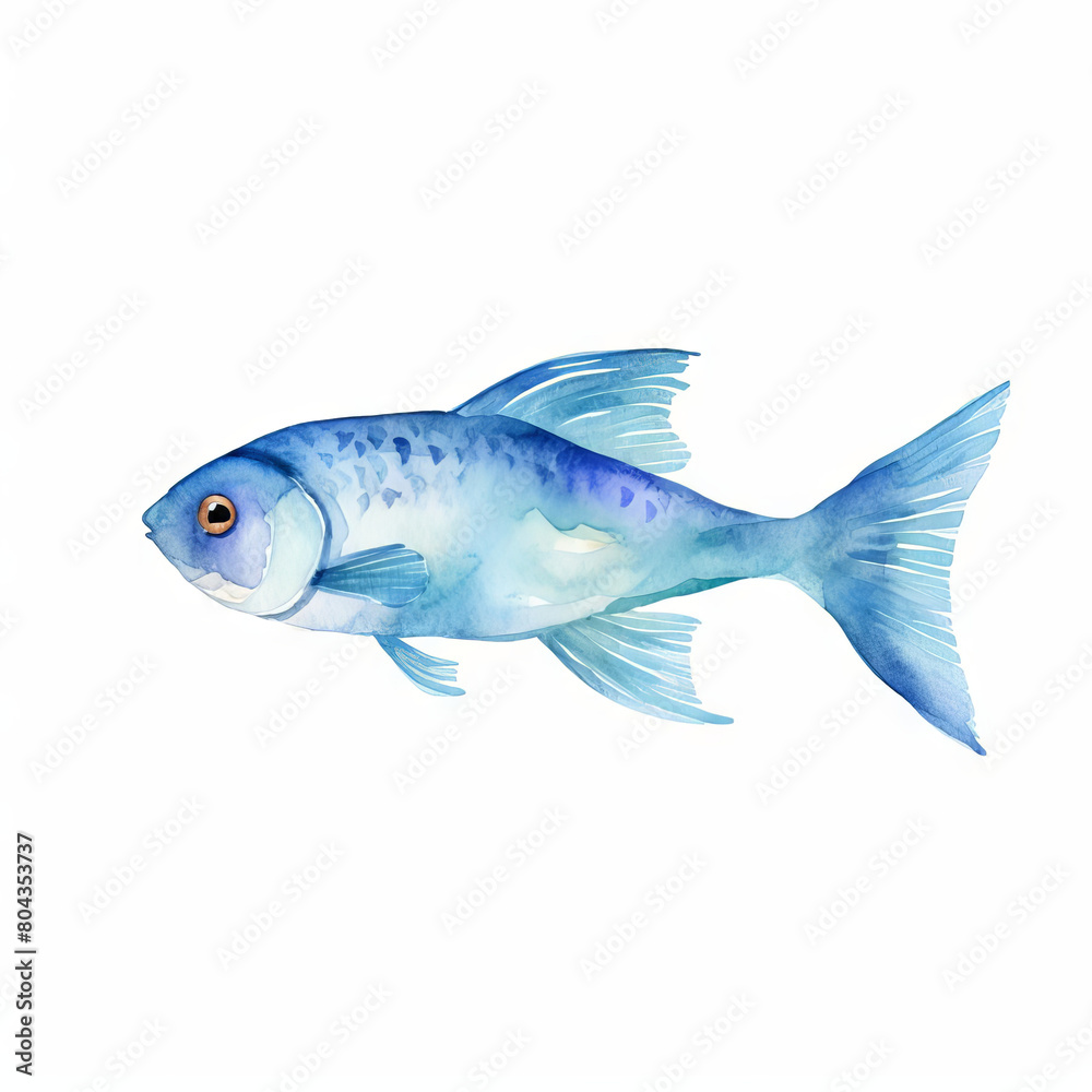 A watercolor painting of a blue fish. The fish is facing the left of ...