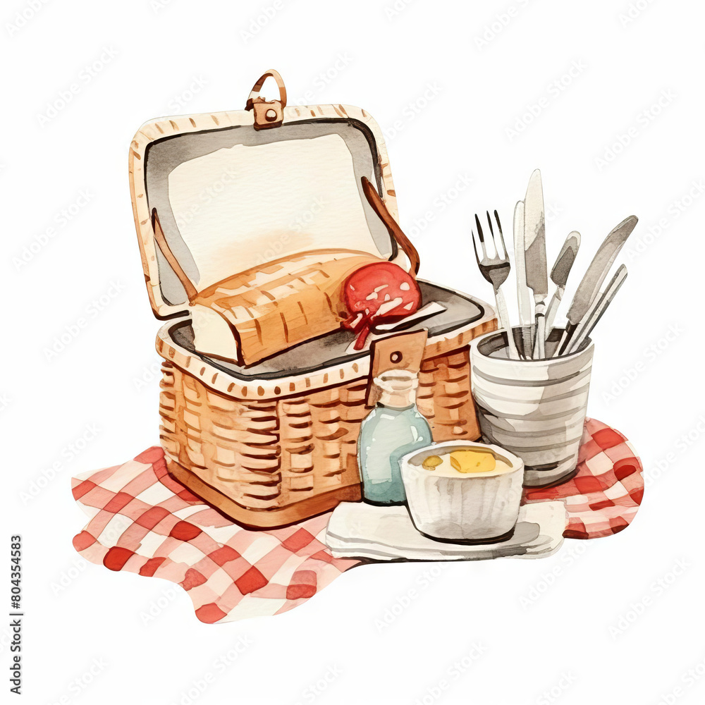 Create a watercolor painting of a picnic basket filled with a baguette ...