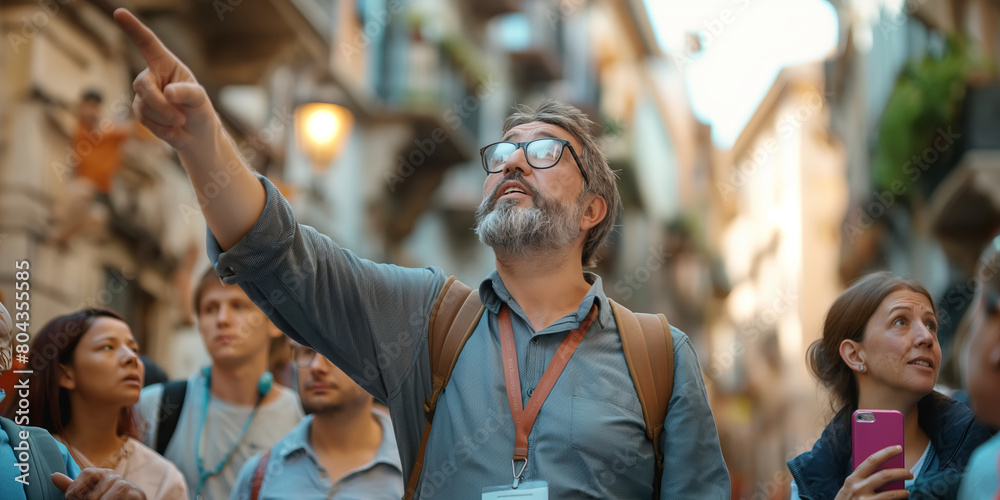 Tour guide leading a group of visitors to tourist attractions, giving ...