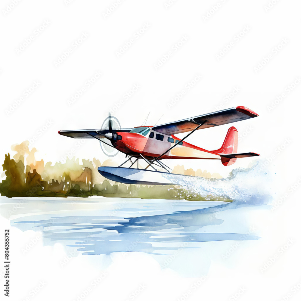 A floatplane is taking off from a lake. The plane is red and white. The ...