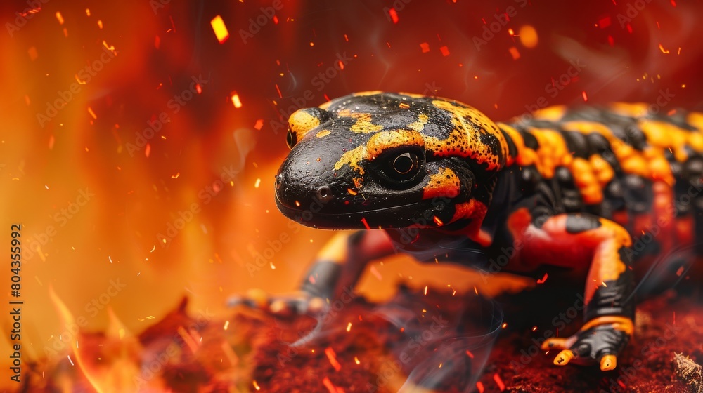 Fire salamander in a natural pose, surrounded by small flames, on a ...