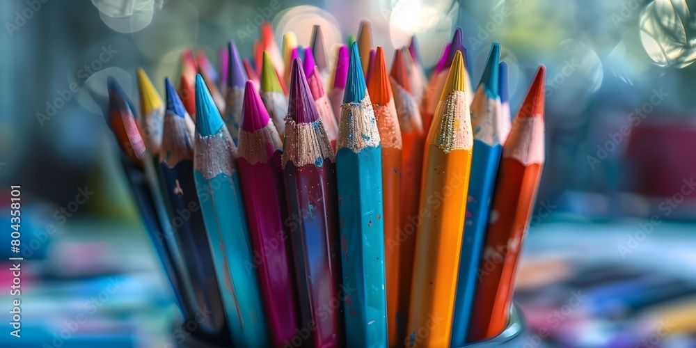 Vibrant set of colorful pencils in an educational setting for digital ...