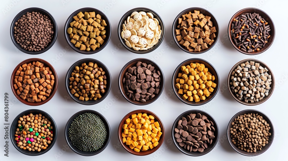 Produce a captivating aerial image of a diverse assortment of pet food ...