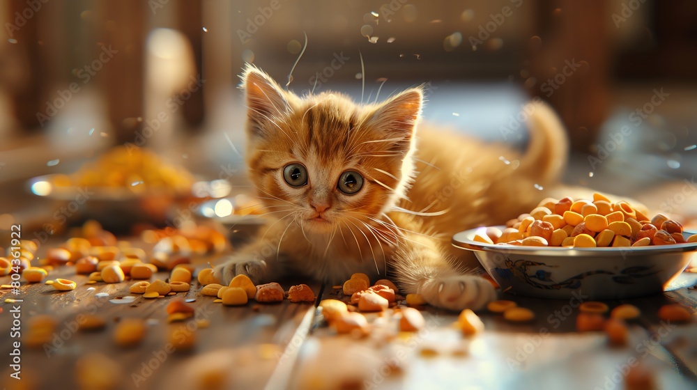 Visualize a humorous setup with a mischievous kitten surrounded by ...