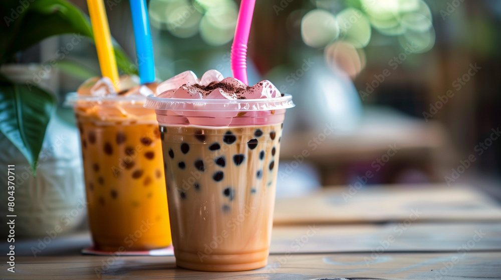 Popular Taiwanese Boba Tea with Chewy Tapioca Pearls in Plastic Cup ...