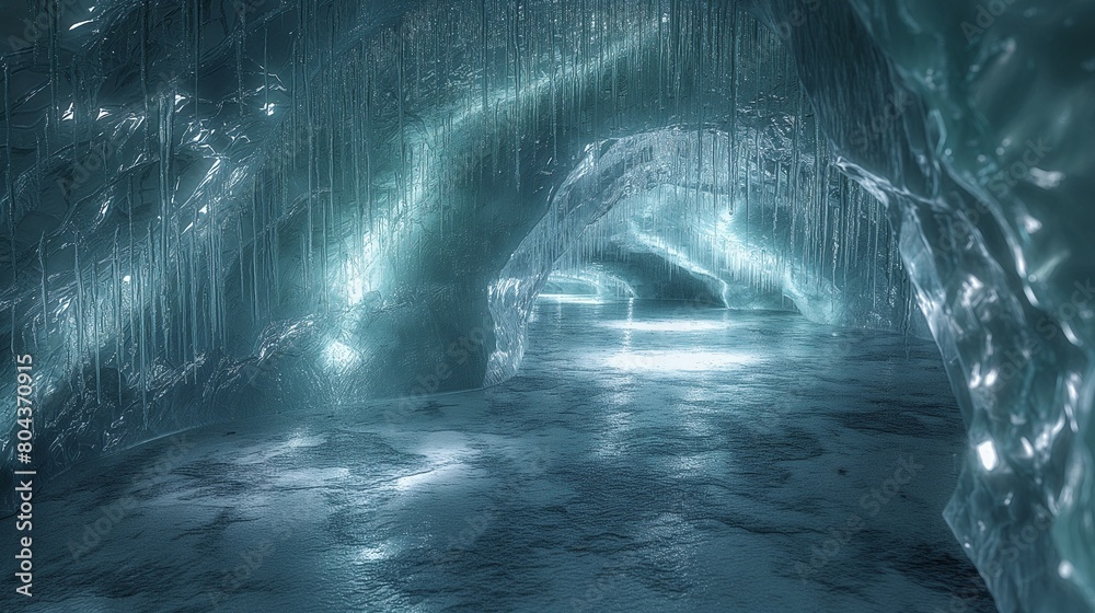 A smooth, virtual ice cave, its walls shimmering with embedded digital ...