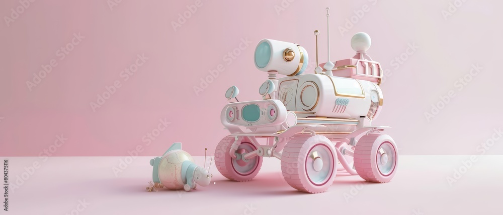 A cute cartoon illustration of a pink and white robot rover exploring a ...