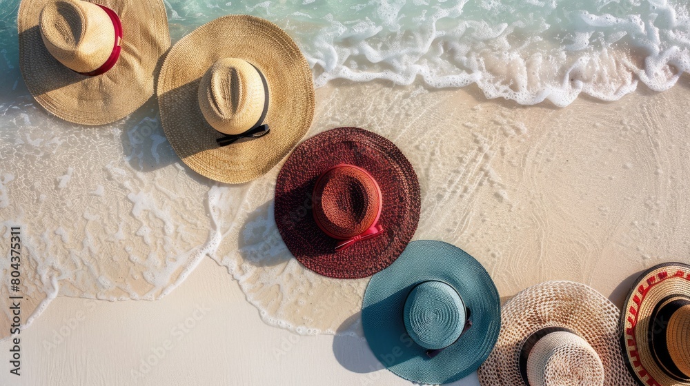 A stack of hats forming a circle pattern on the beach, resembling a ...