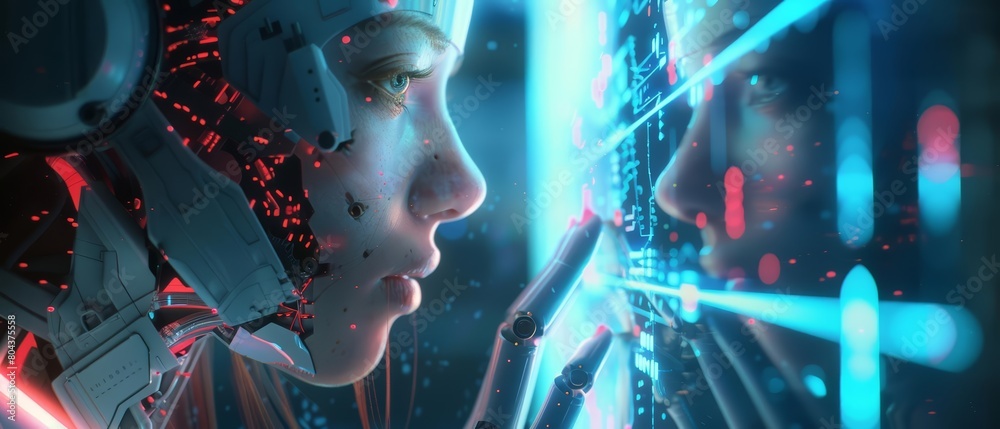 An AI robot stares longingly at its reflection in a window. The ...