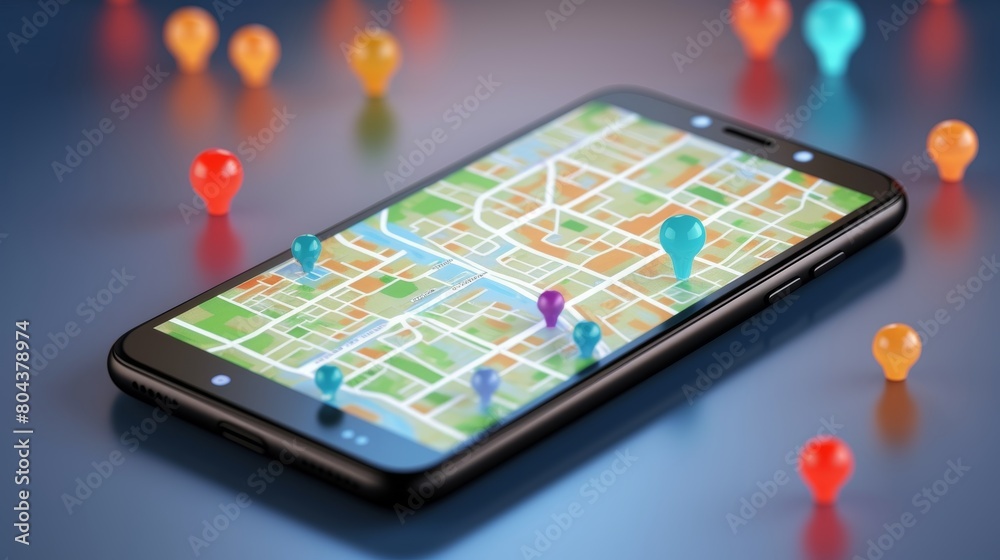 Smartphone with map, 3D Map pins, GPS, navigator pin checking points ...