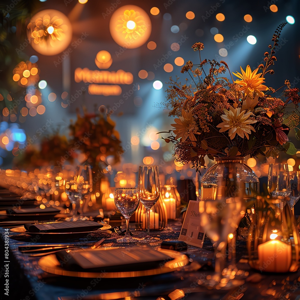 Elegant corporate gala event celebrating a major merger, with a banner ...