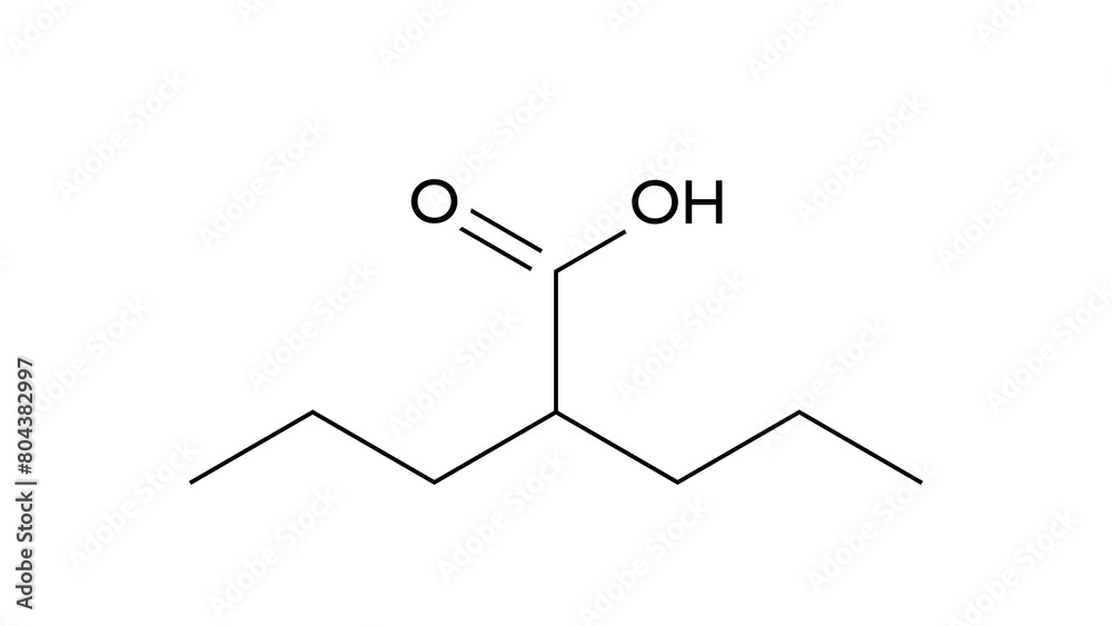 valproate molecule, structural chemical formula, ball-and-stick model ...