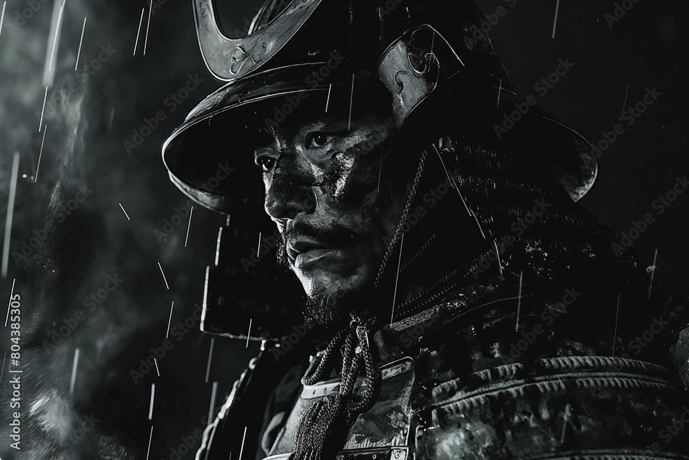 Black and white portrait of a focused samurai in traditional armor ...