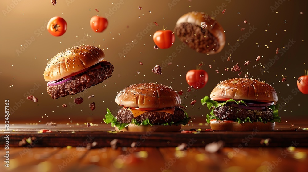 Grill burger, realistic 3d burgers falling in the air, grilled meat ...