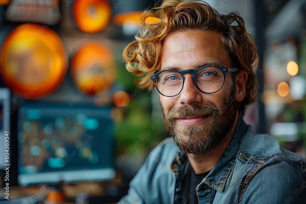 professional male graphic designer working in a vibrant, modern office ...