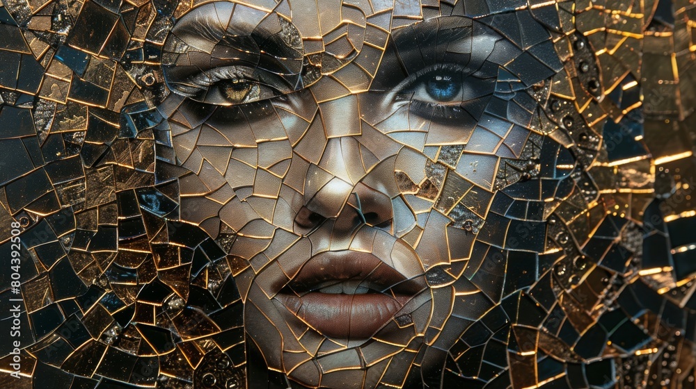 Portrait of a beautiful woman made from broken mirror pieces, with a golden and black color ...
