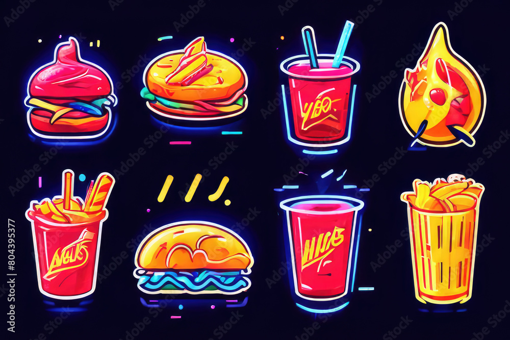 Fast Food neon icons. Food isolated icons, emblem, design template ...