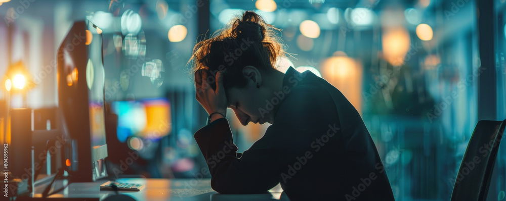 The photo shows a man sitting alone at a bar, with his head in his ...