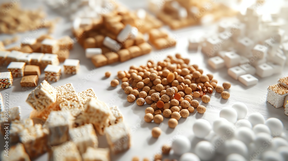 Highlight the pellet food from a birds-eye perspective on a clean white ...