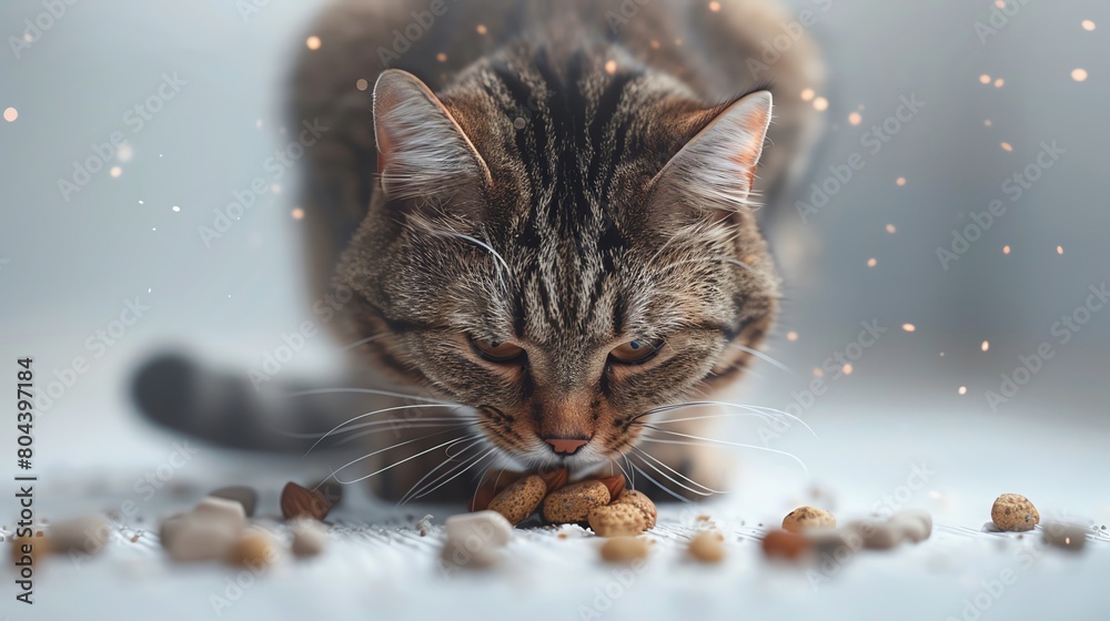 Illustrate a surreal worms-eye view of a majestic cat feasting on ...