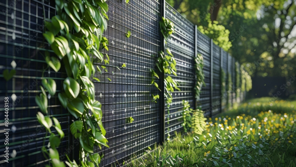 A vertical solar panel installation doubling as a fence, showcasing ...