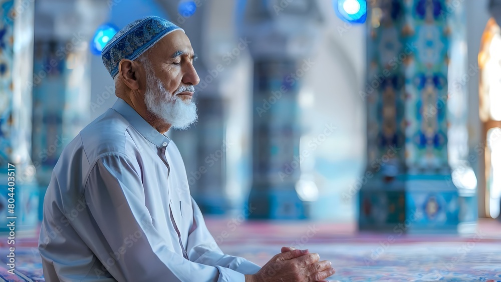 Elderly Muslim man in skullcap praying in mosque during Ramadan ...