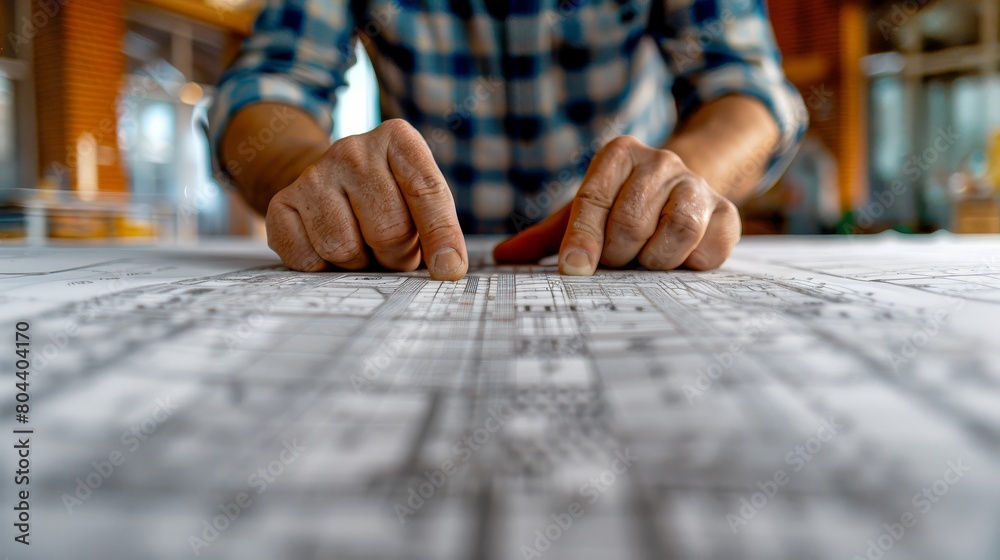 Engineer's hands pointing at a specific section of a high-rise building ...