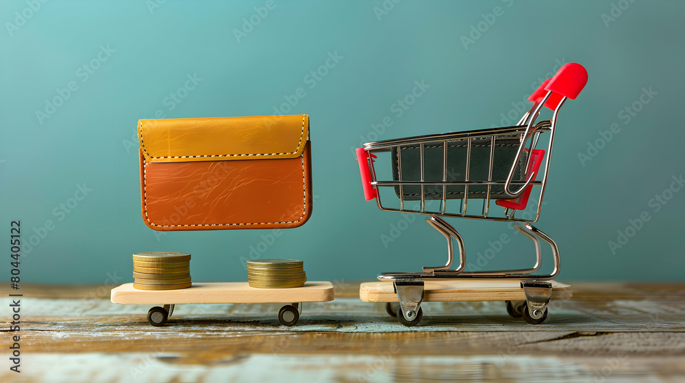 Cartoon scales measuring a wallet and a shopping cart as symbols of ...