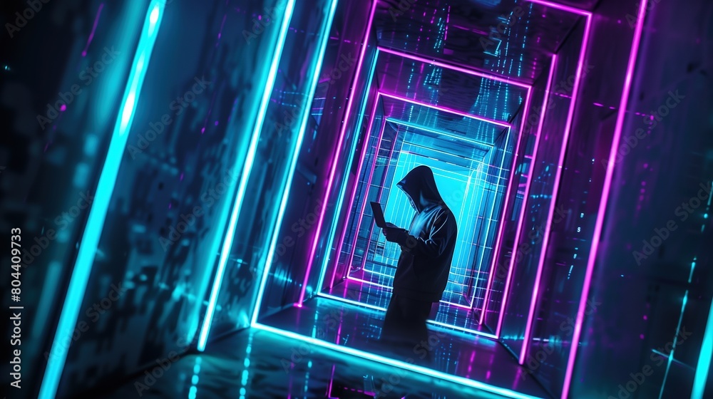 Silhouetted Figure in Neon-Lit Tunnel: A Futuristic Cyber Security ...