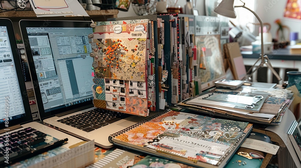 Scrapbook with Digital Design Software and Workshop Flyers Photograph a ...