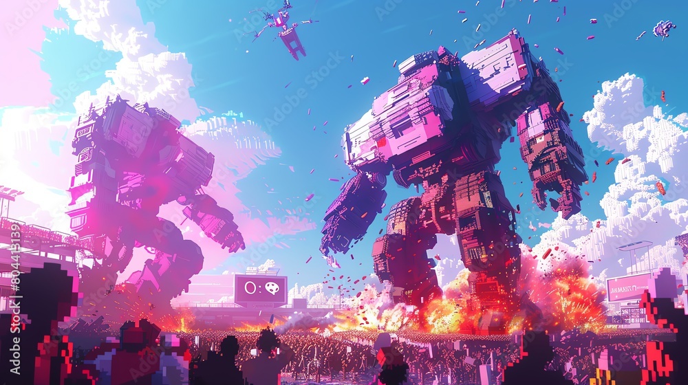 Design a scene of two colossal robots engaging in combat in a vibrant ...