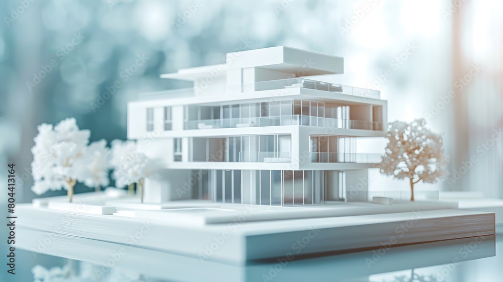Architectural model of modern, multi-level residential building with ...
