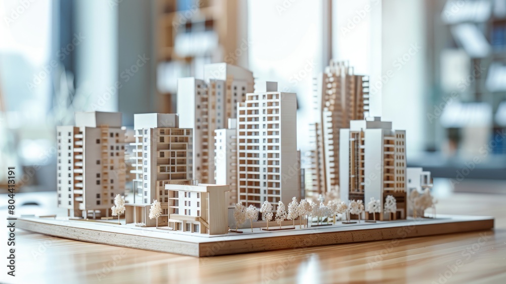 Detailed architectural model of modern urban skyline with various ...