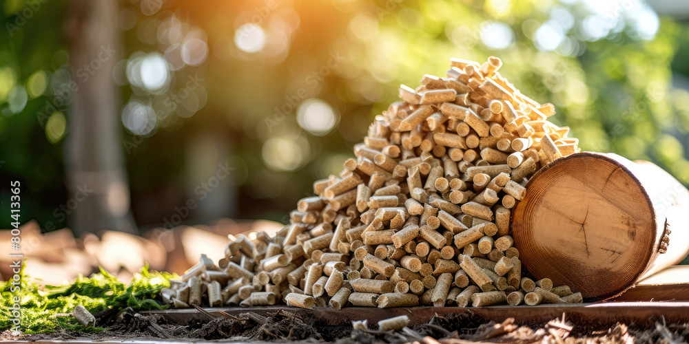 Pile of biomass wood pellets and a log of wood set against a softly ...