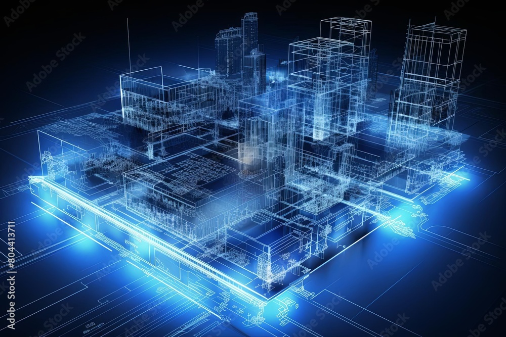 Detailed 3D blueprint of building, scan line overlay, tech background ...