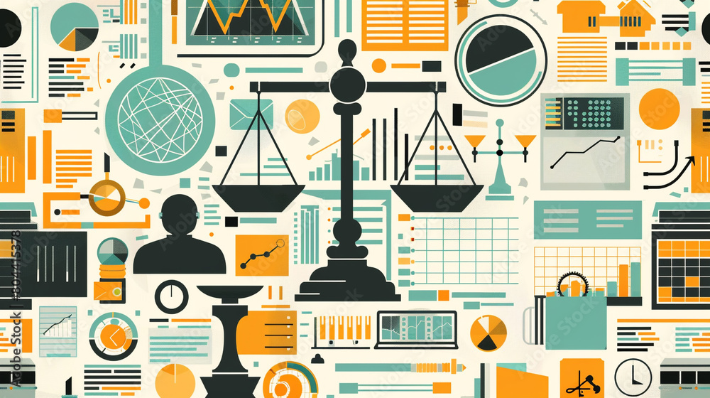 A collage of corporate governance icons and symbols including scales of ...