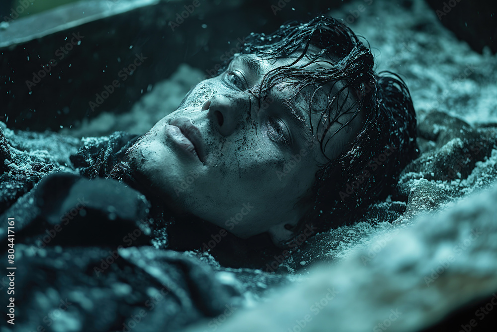 portrait of awakened undead male vampire lying in a coffin in a dark ...