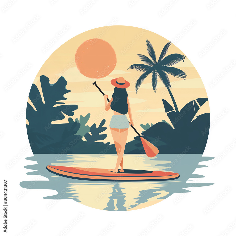 A woman is paddling on a stand-up paddleboard (SUP) on the tropical ...
