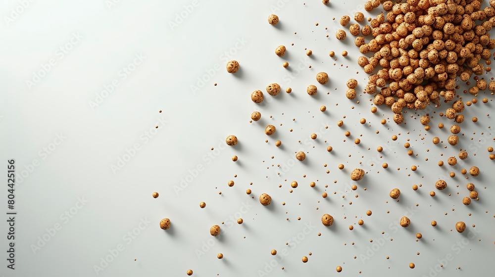 Highlight the pellet food from a birds-eye perspective on a clean white ...