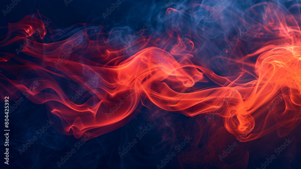 Bright red smoke abstract background drifts over a navy blue background ...