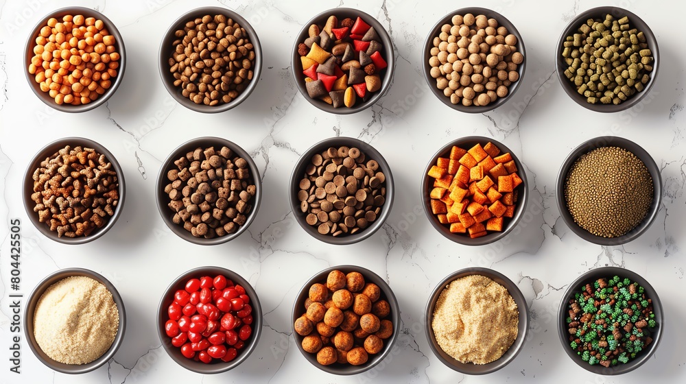 Produce a captivating aerial image of a diverse assortment of pet food ...