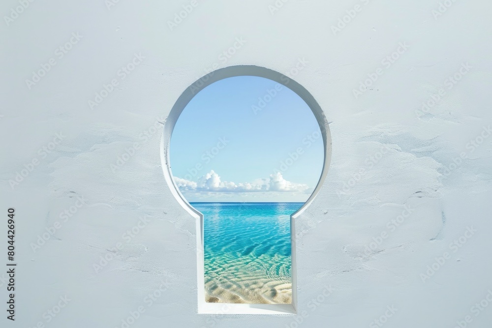 A window in the form of a keyhole on a white wall, through the window ...