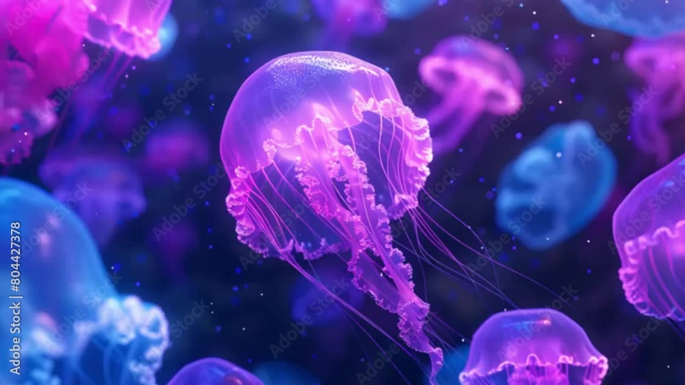 Jellyfish floating in magical ocean. Beautiful cosmic neon purple sea ...