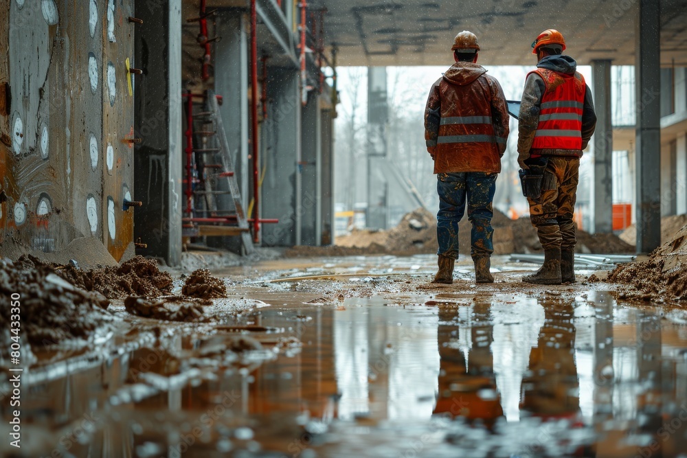 Two construction workers are standing next to a large puddle at a ...