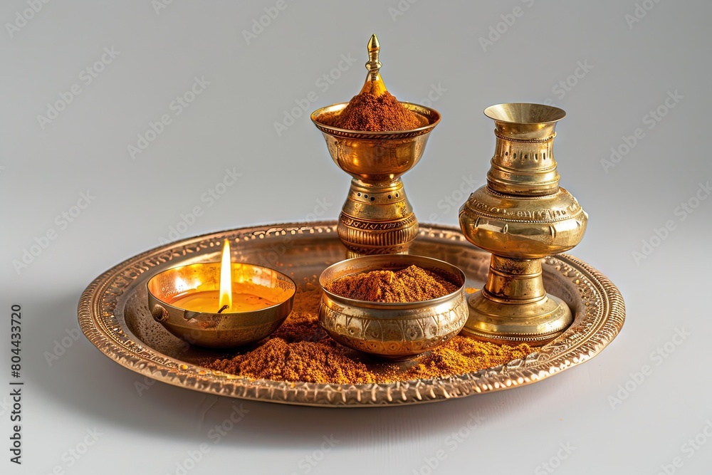 Pooja Thali for festival celebration to worship, rice grain and kumkum ...